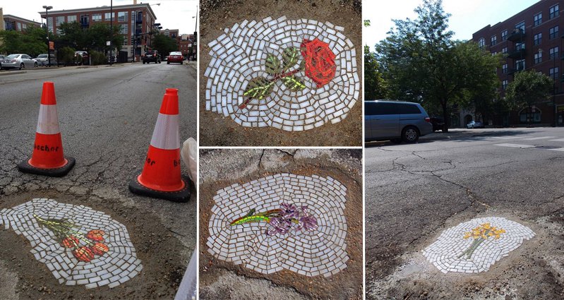 Artist Jim Bachor Fills Chicago's Potholes With Gorgeous Floral Mosaics