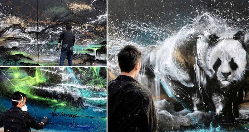 Hua Tunan Creates An Amazing Panda Mural With Splatter Ink Street Art