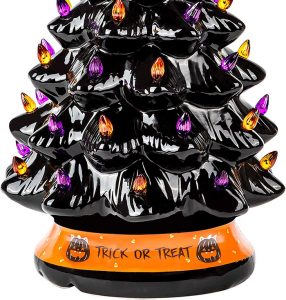 Celebrate Halloween With A Black Ceramic Tree Topped With A Spooky Pumpkin