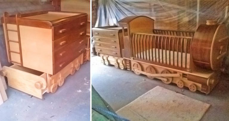 This Wooden Train Crib Comes With A 'Coal Car' With Drawers And Diaper ...